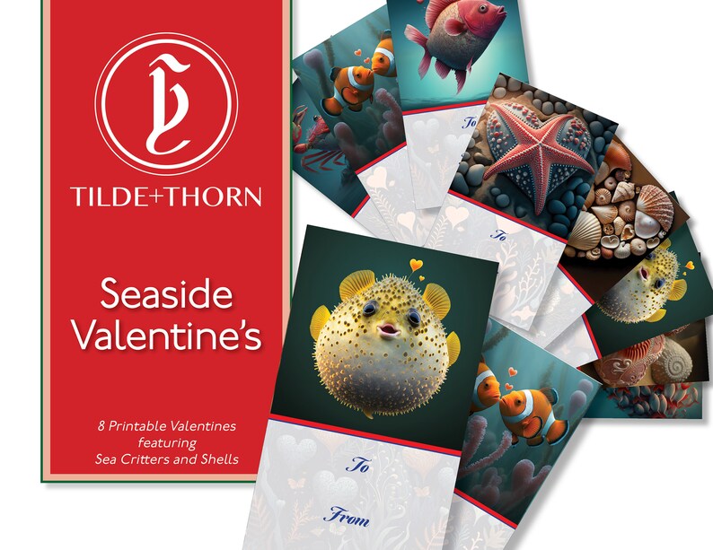 Printable Valentine's Day Cards With Illustrations of Sea Creatures and ...