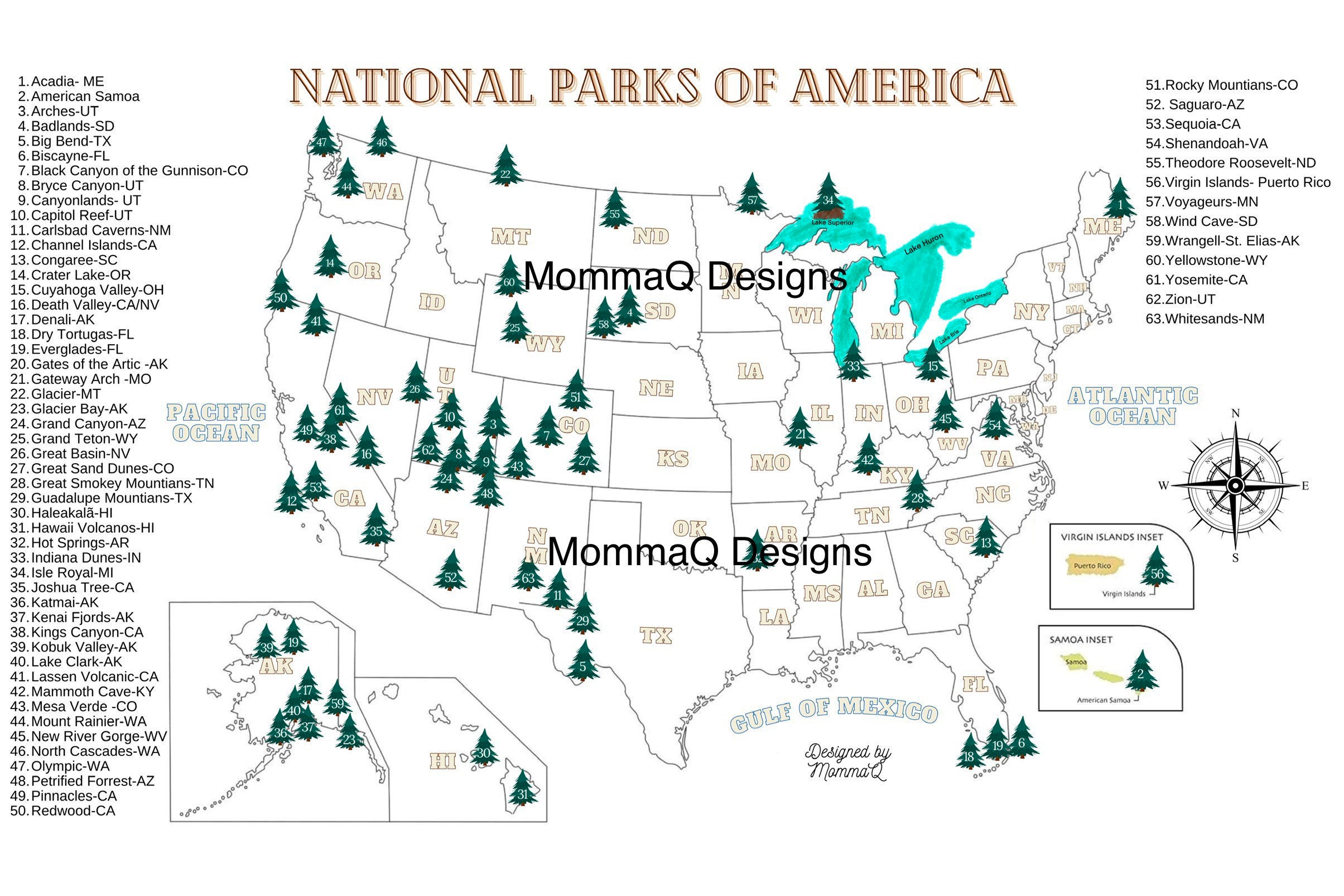 Poster Print - USA National Parks Map, All 63 Parks Labeled Perfect ...