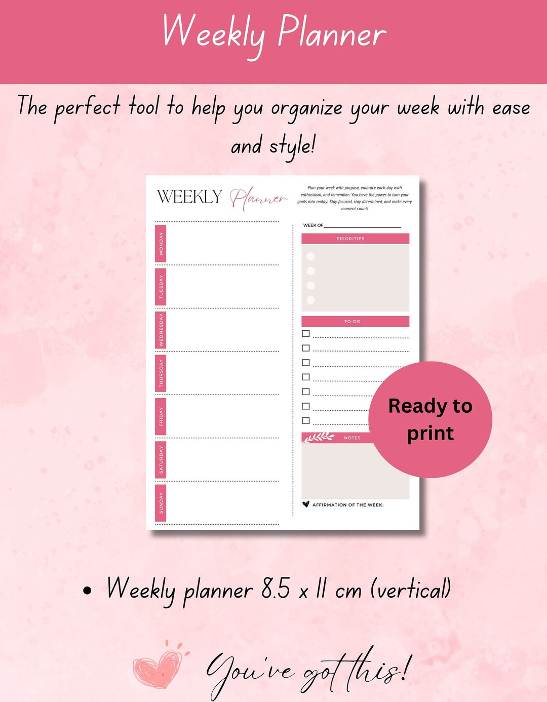 Weekly Planner Printable Sheet 8.5 X 11 Cm - Etsy