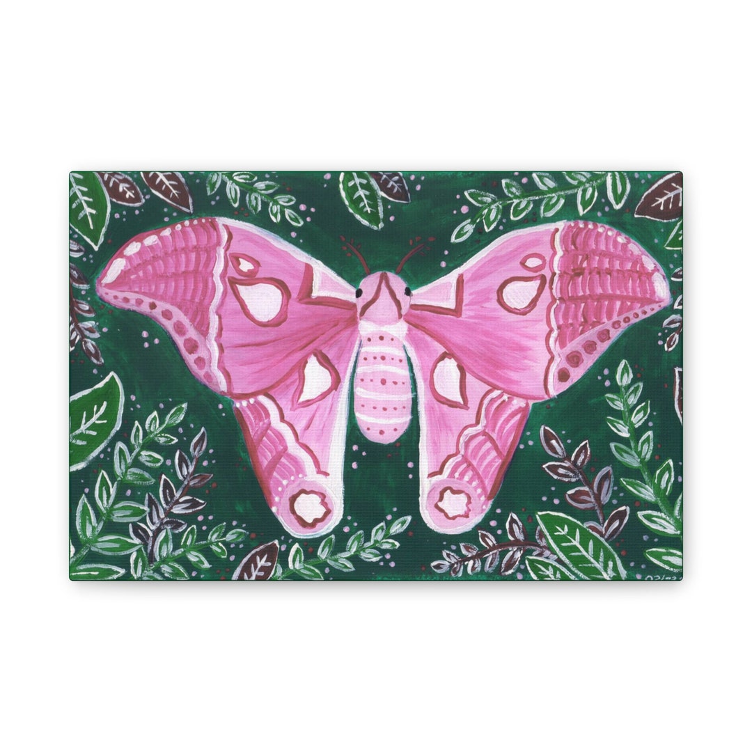 Pink Moth Canvas Art Print. Folk Art Style Pink Moth on a Deep Green ...