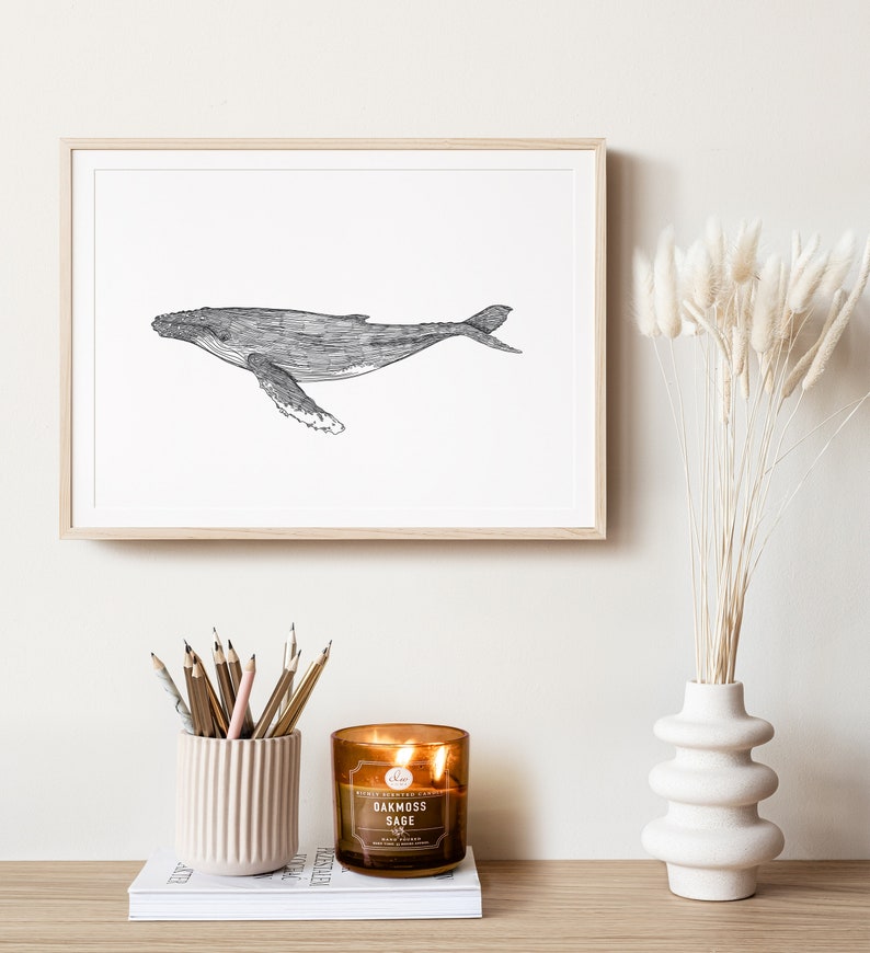 Whale Print Line Drawing Ocean Poster Kids Room Decor Neutral Nursery ...