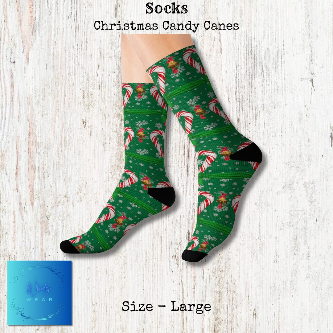 Christmas Candy Canes Socks, Pattern Socks, Cozy Socks, Green Socks ...