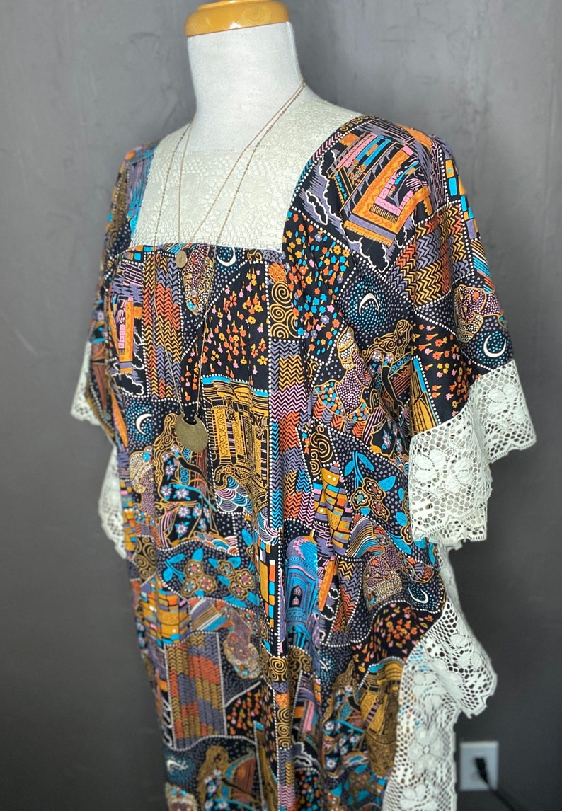 1960s Lace Trimmed Caftan Egyptian Print Kaftan Corey of California ...