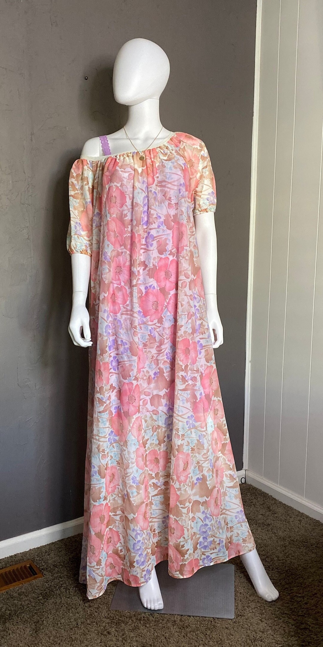 1960s Pink Mesh Floral Mumu Nightgown Mrs. Roper Dress Size M-XL - Etsy