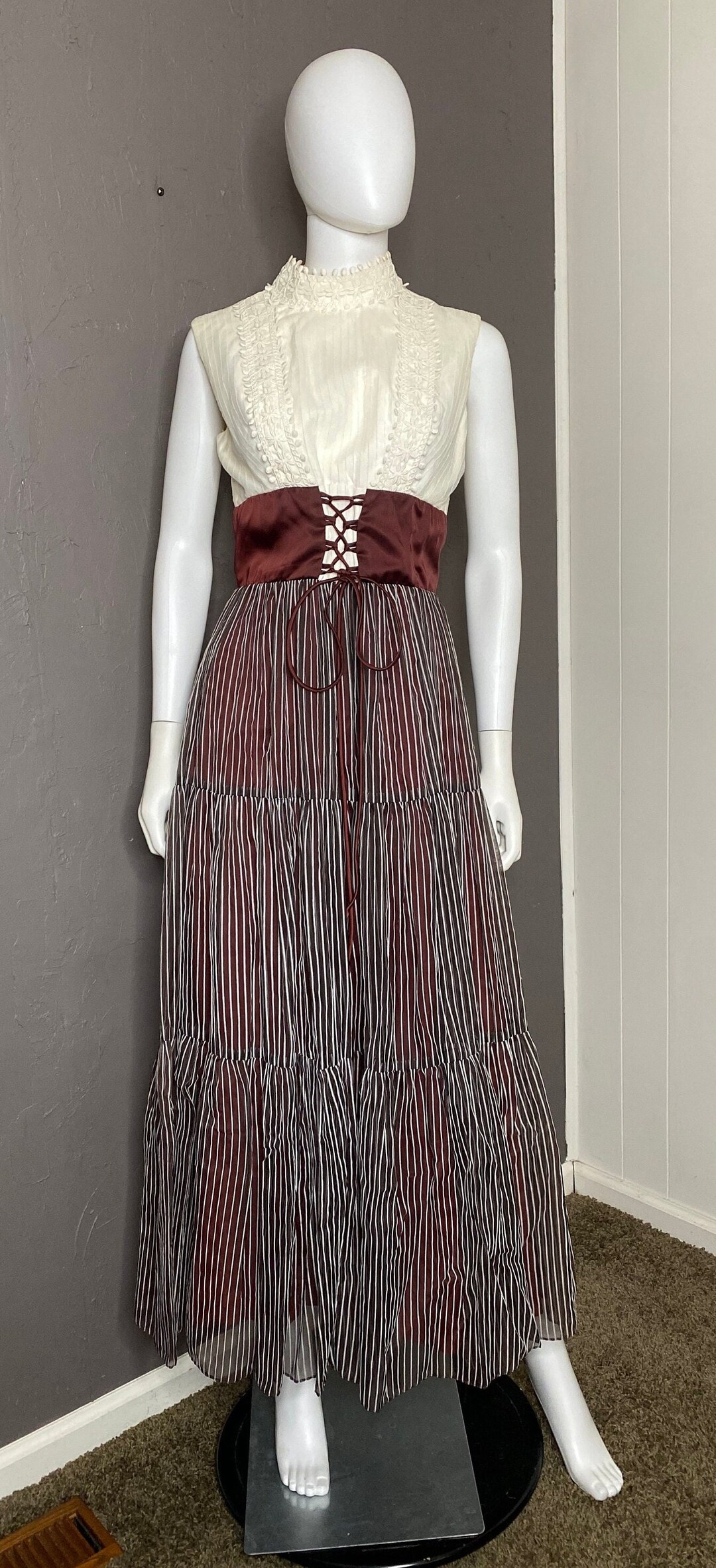 1970s Vintage Brown and Cream Corset Waist Maxi Dress Size 8/10 Formal ...