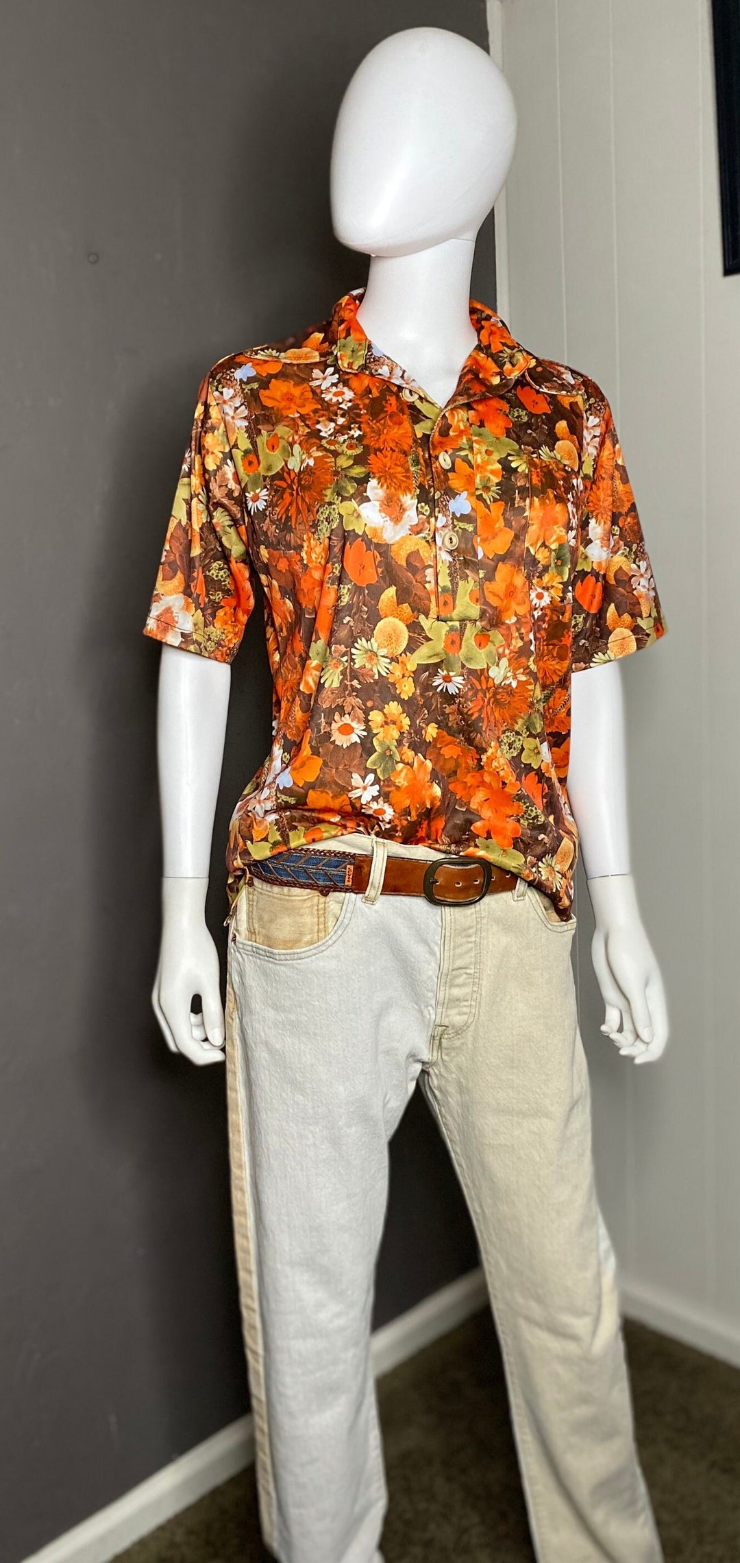 1970s Photo Print Floral Polo Shirt With Dagger Collar Size M/L - Etsy