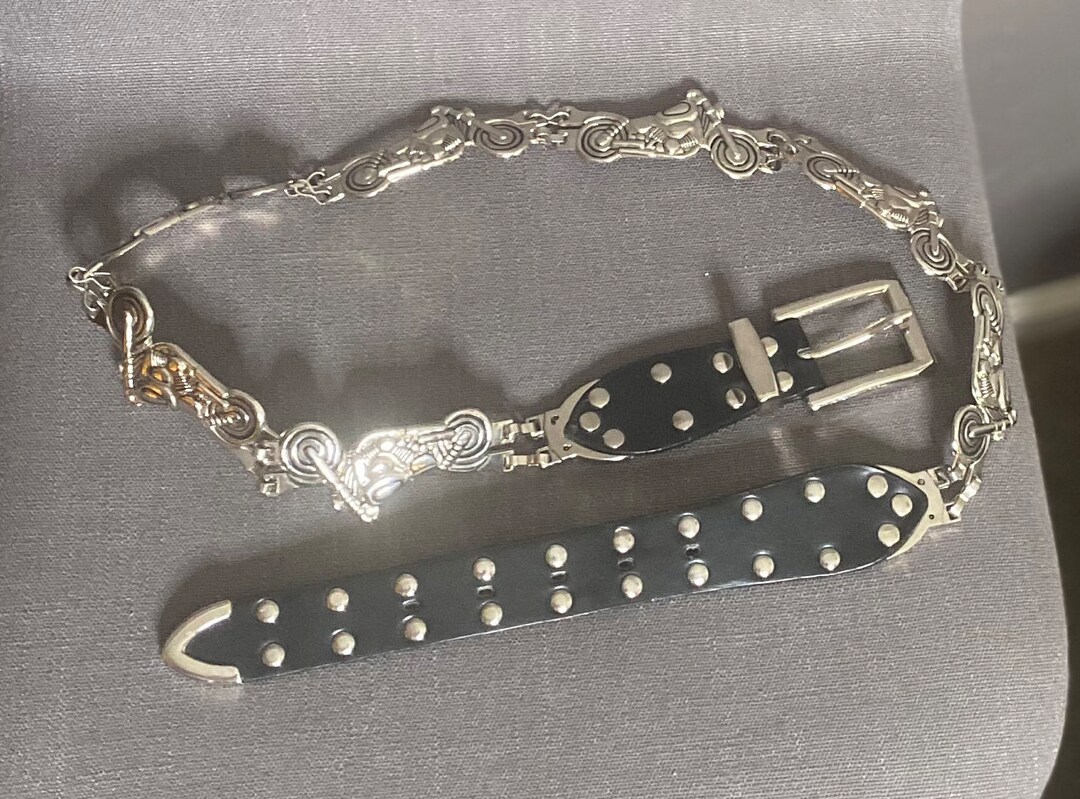 Motorcycle Chain Belt With Genuine Leather Size XL 40 Black Studded ...