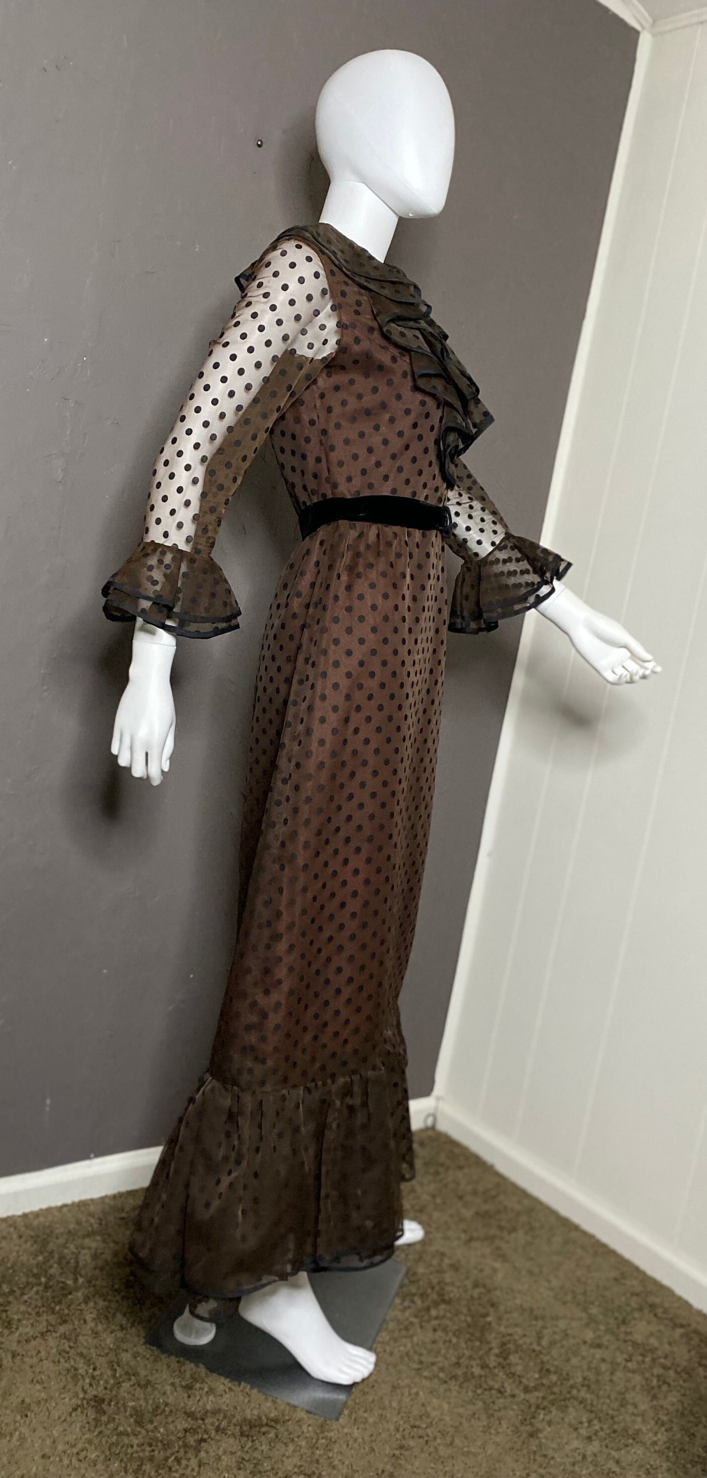1960s Jack Bryan Brown Chiffon With Black Velvet Dots and Ruffled Neck Maxi Dress Size Small - Etsy
