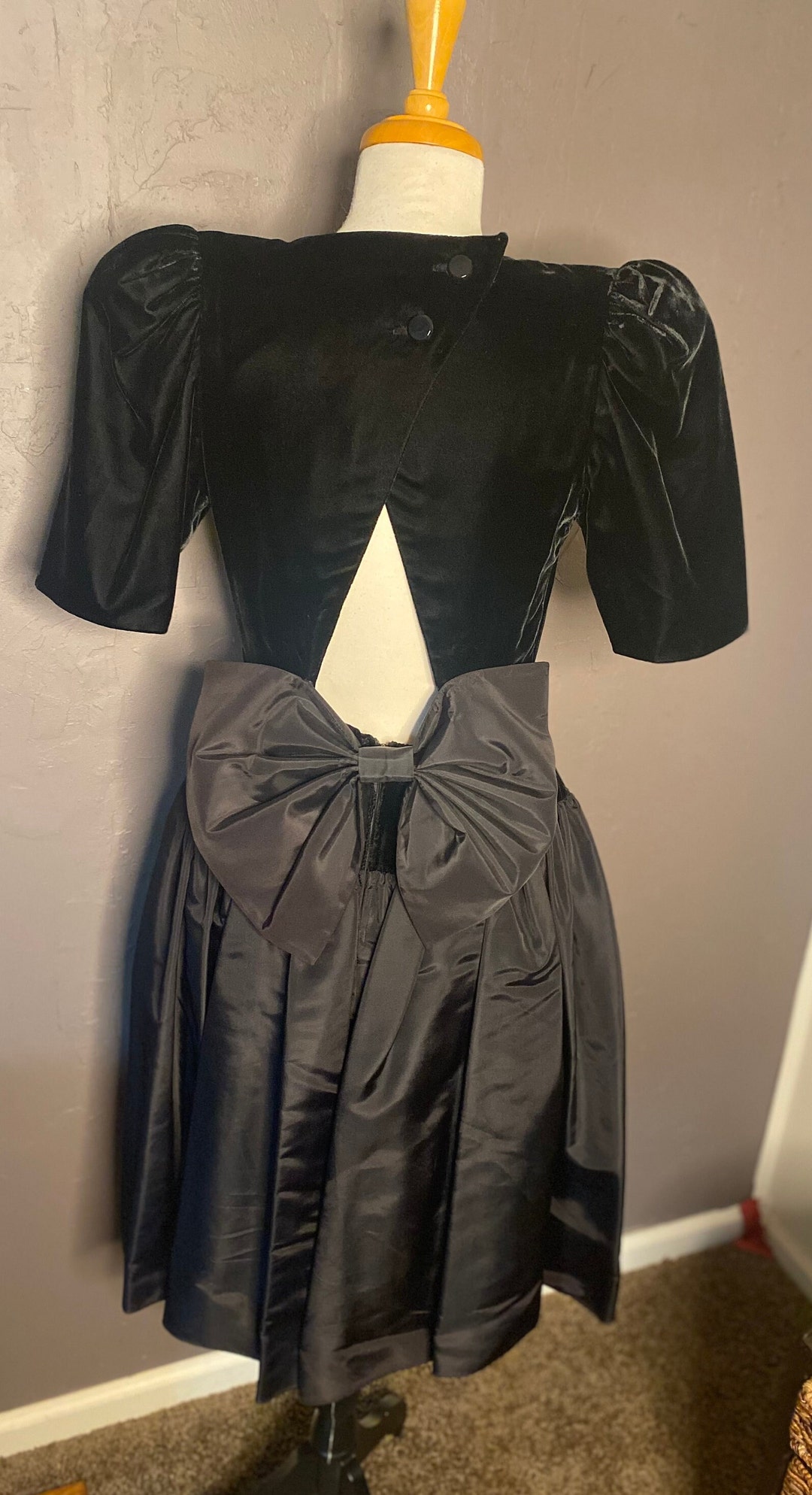 Vintage 80s Party Dress Black Velvet And Taffeta Prom Dress From