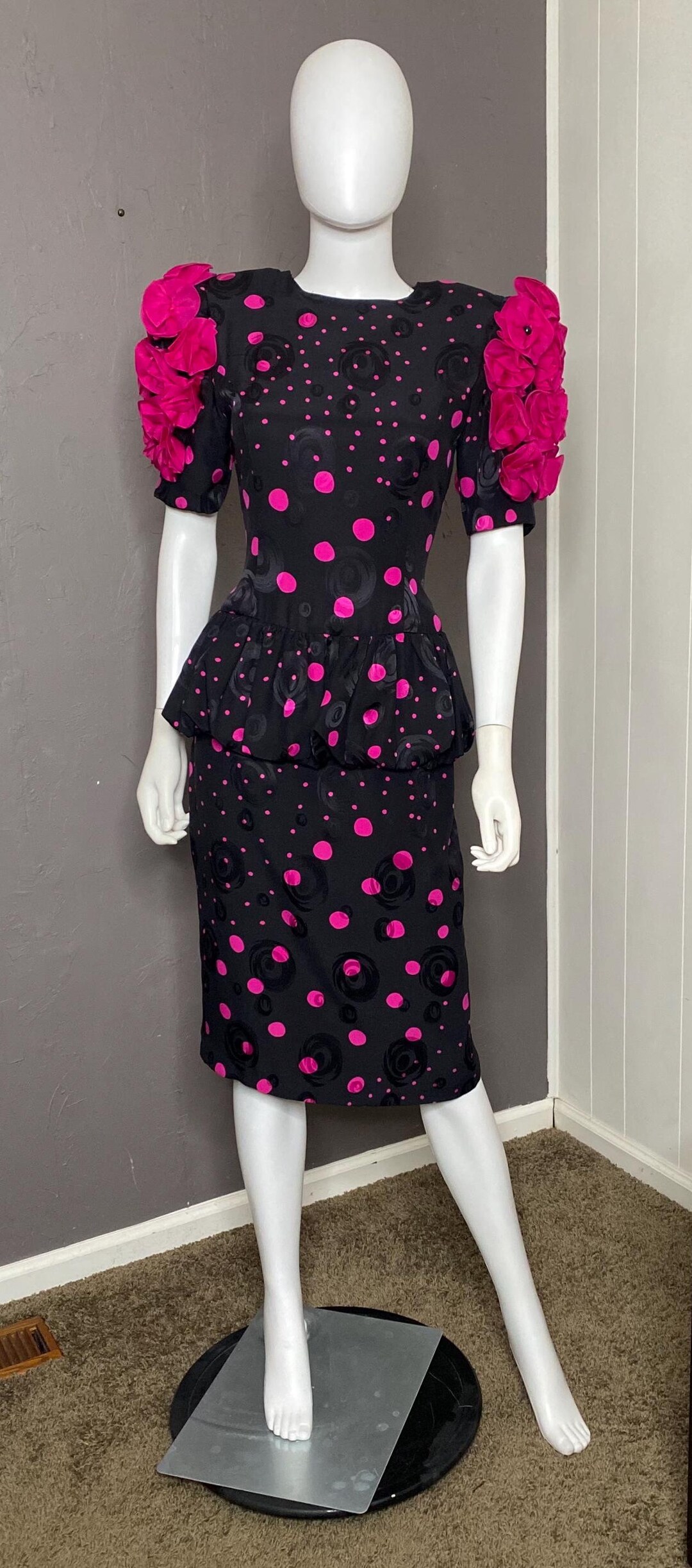 1980s Hot Pink Black Polka Dot Silk Dress From Junnie Leigh Size 6/8 ...