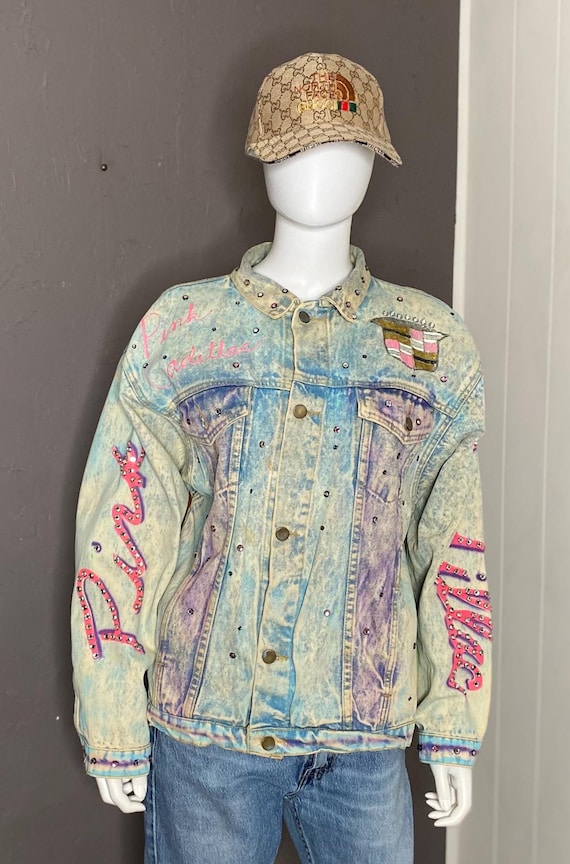 1980's Airbrushed Bedazzled Denim Jacket Pink Cadilla… - Gem