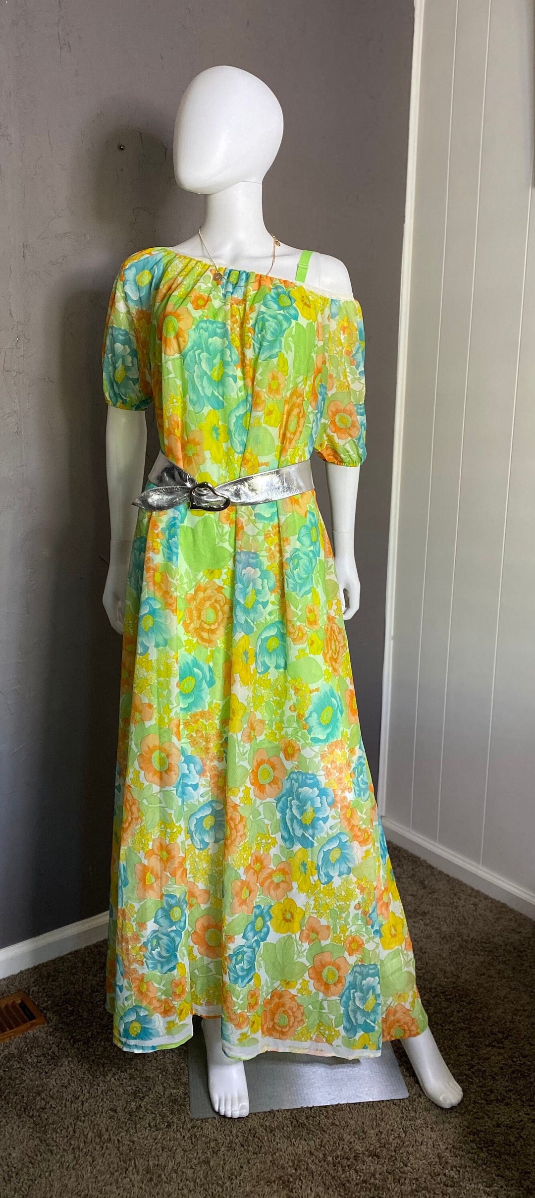 1960's Neon Floral Mesh Maxi Nightgown Mrs. Roper Mumu M-XL Mrs. Roper ...