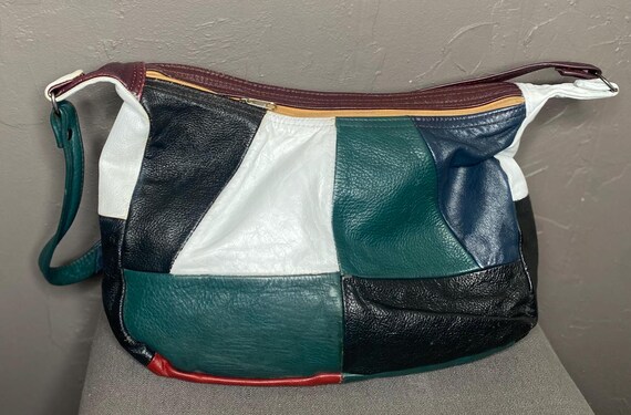 1970's Patchwork Leather Hobo Purse Multi-Color Patch… - Gem