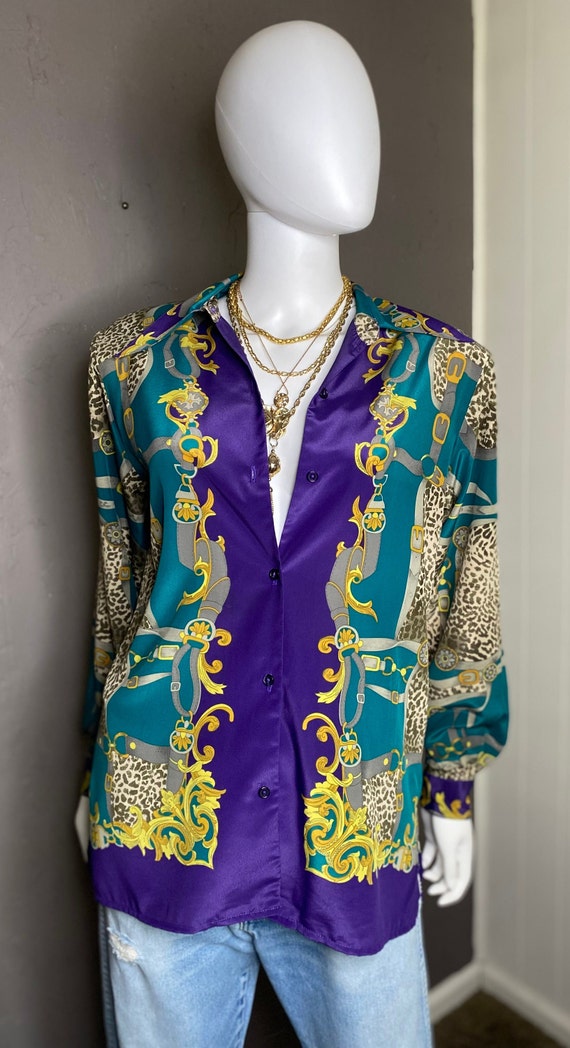 1990’s Vintage Dagger Collar Scarf Print Button Down … - Gem