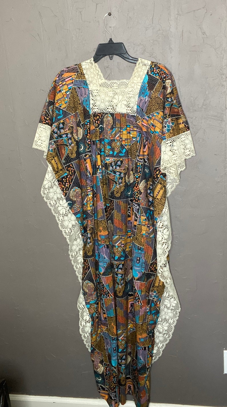 1960s Lace Trimmed Caftan Egyptian Print Kaftan Corey of California ...