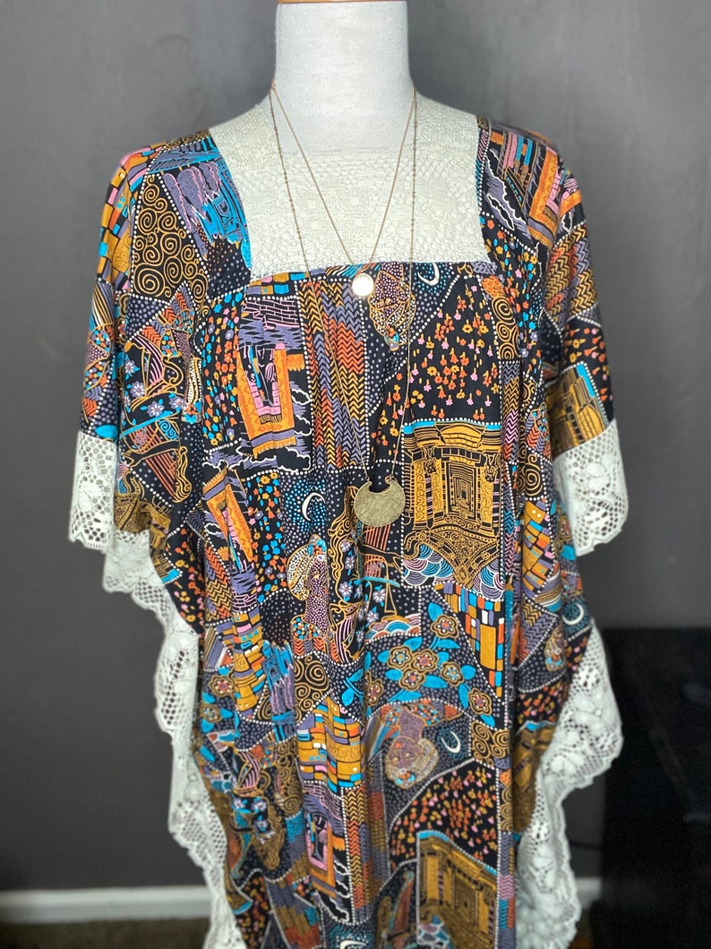 1960s Lace Trimmed Caftan Egyptian Print Kaftan Corey of California ...