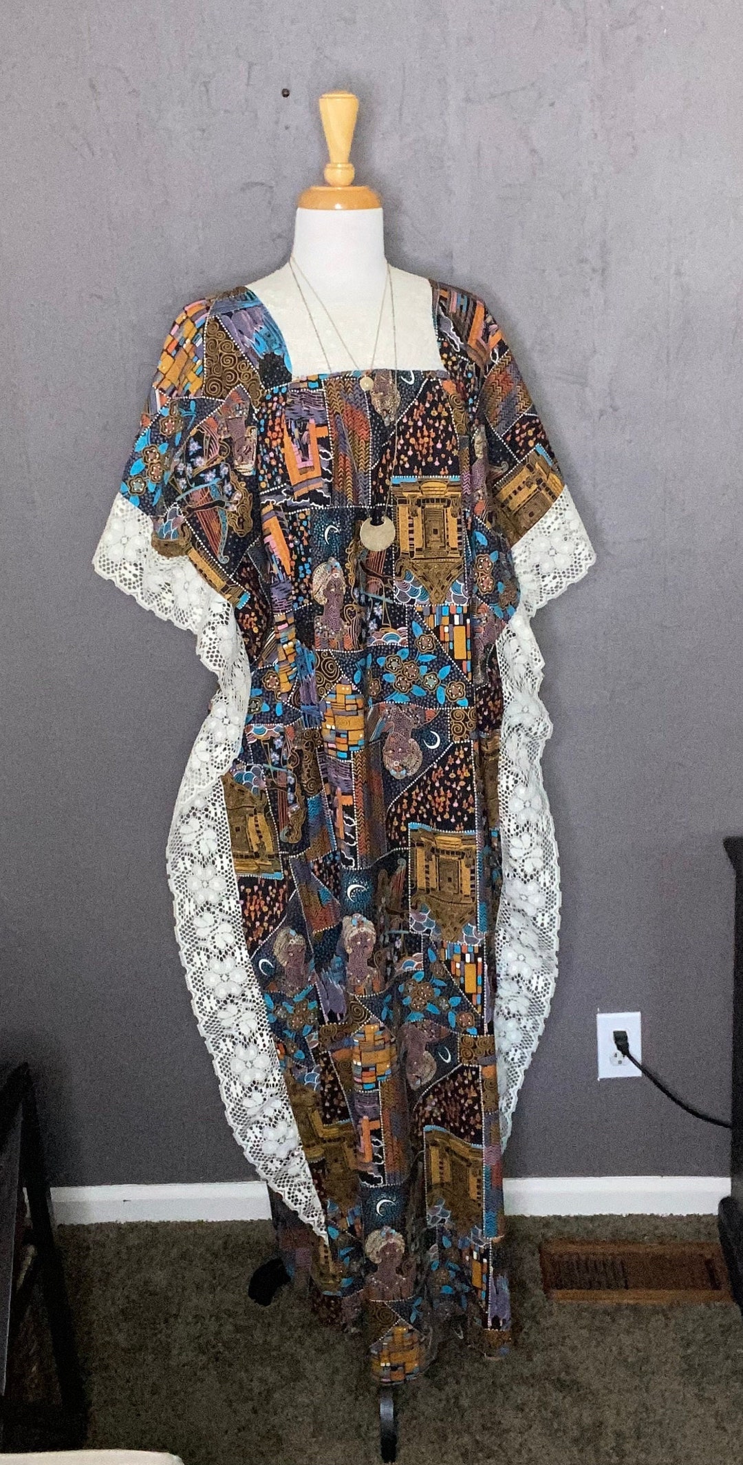 1960s Lace Trimmed Caftan Egyptian Print Kaftan Corey of California ...