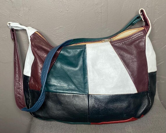 1970's Patchwork Leather Hobo Purse Multi-Color Patch… - Gem