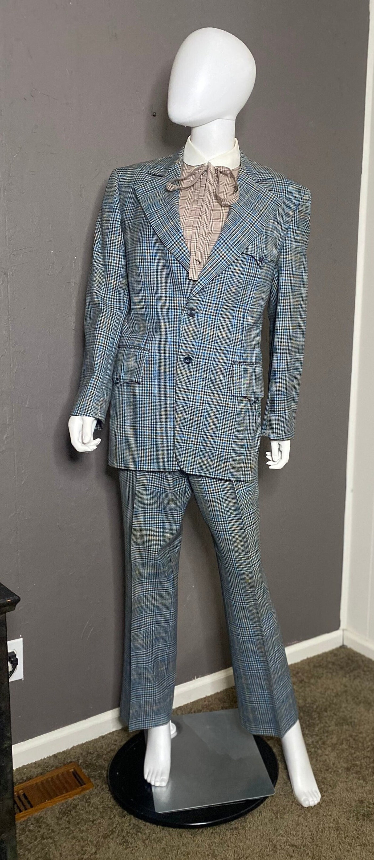 1970's Vintage Plaid Suit by Christopher Rand Blue and Brown Western ...