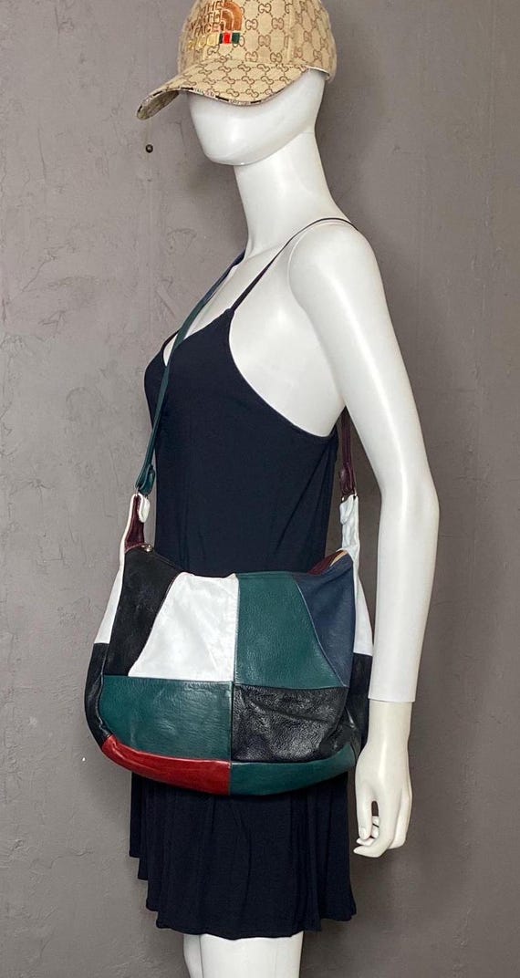 1970's Patchwork Leather Hobo Purse Multi-Color Patch… - Gem