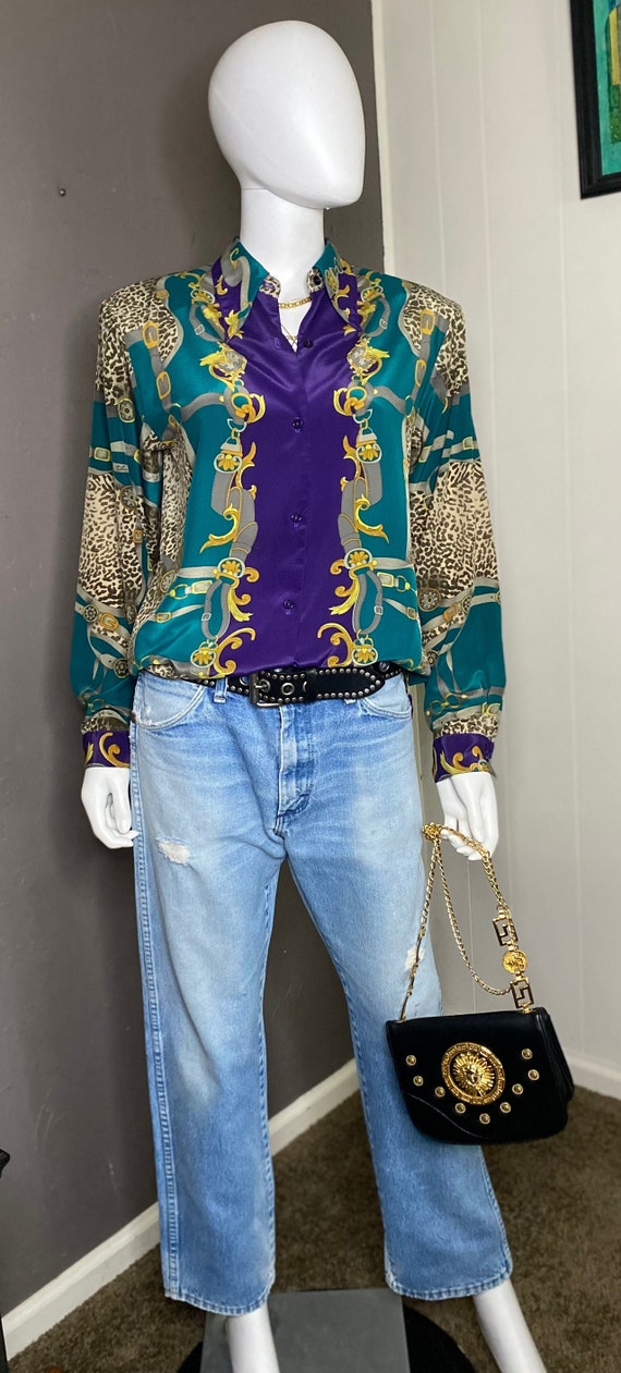 1990’s Vintage Dagger Collar Scarf Print Button Down … - Gem