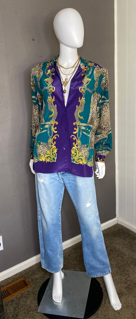 1990’s Vintage Dagger Collar Scarf Print Button Down … - Gem