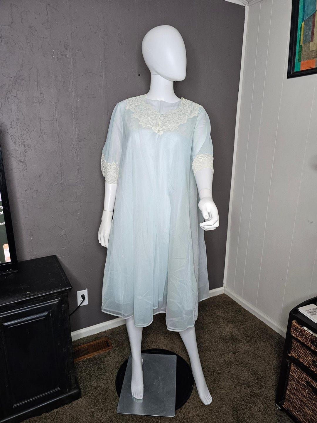 Light Blue Chiffon Lingerie Sheer White Lace Chemise Nightgown Set ...
