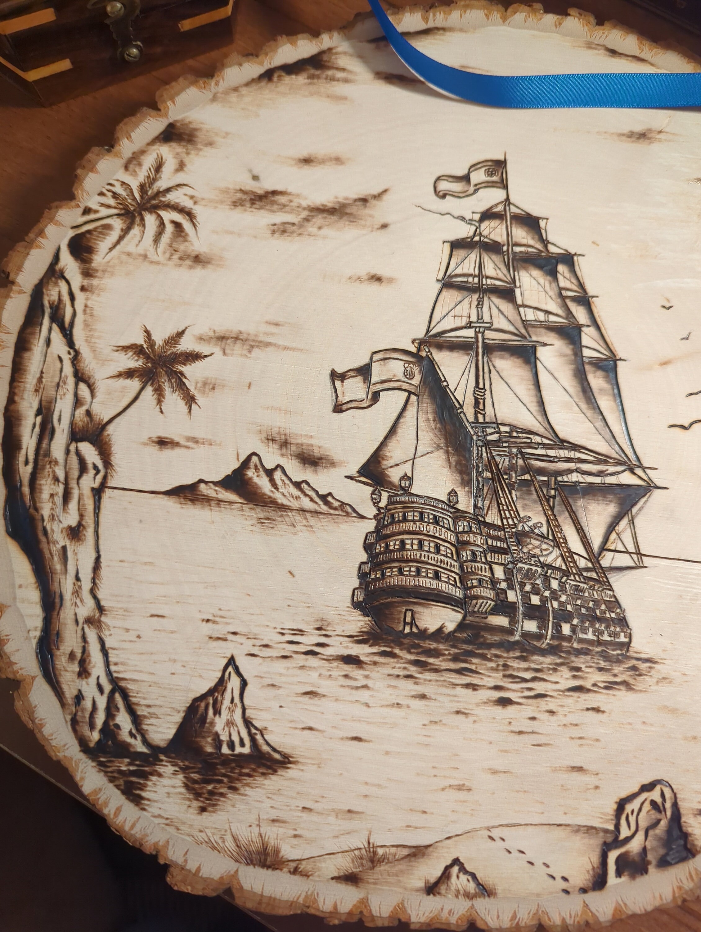 Nautical Pyrography Wall Art , Pirate Ship Wood Burning , Tropical Wall ...