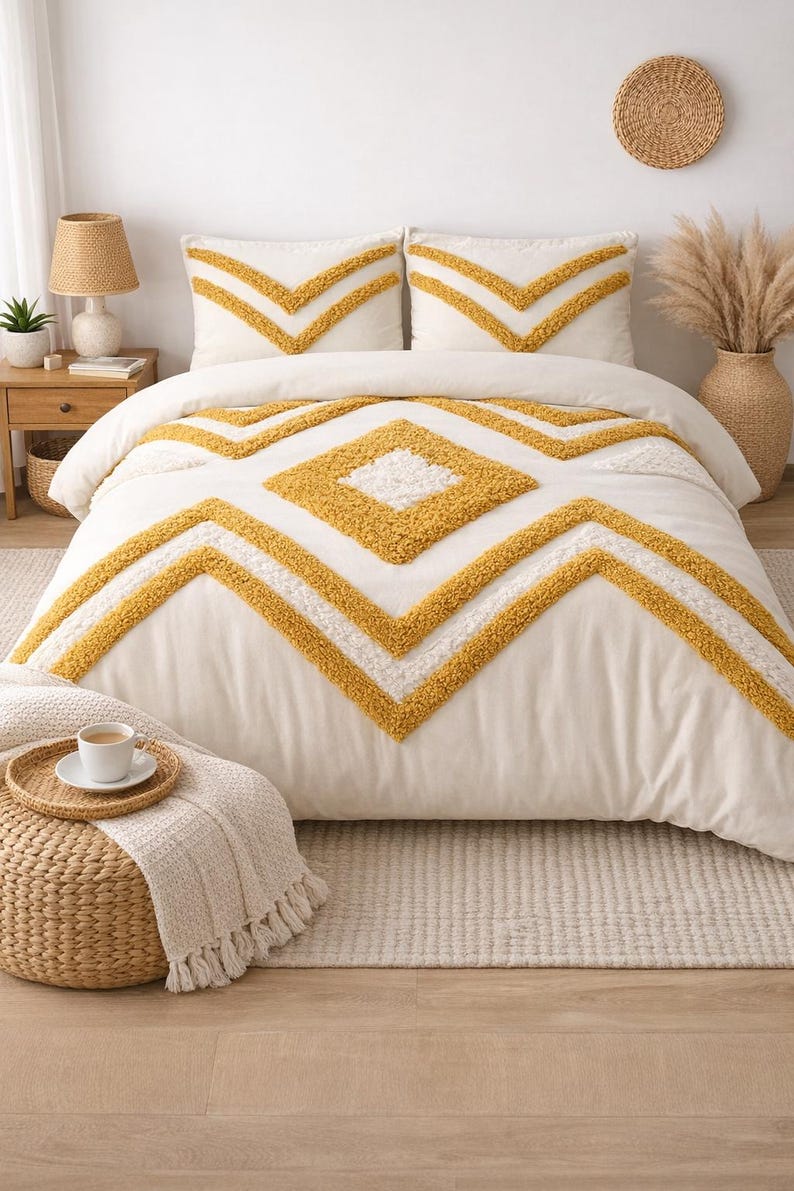 Boho Tufted Duvet Cover Set off White Geometric Bedding Minimalist ...