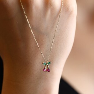 14k Gold Cherry Necklace, Real Emerald-ruby,14k Solid Gold Cherry,tiny ...