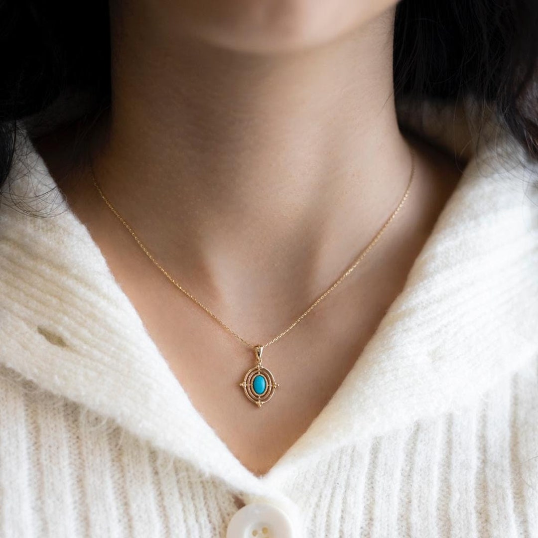 14k Solid Gold Turquoise Gemstone Necklace,gold Turquoise Pendant,gold ...