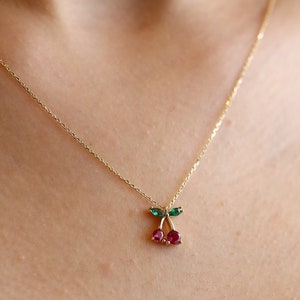 14k Gold Cherry Necklace, Real Emerald-ruby,14k Solid Gold Cherry,tiny ...