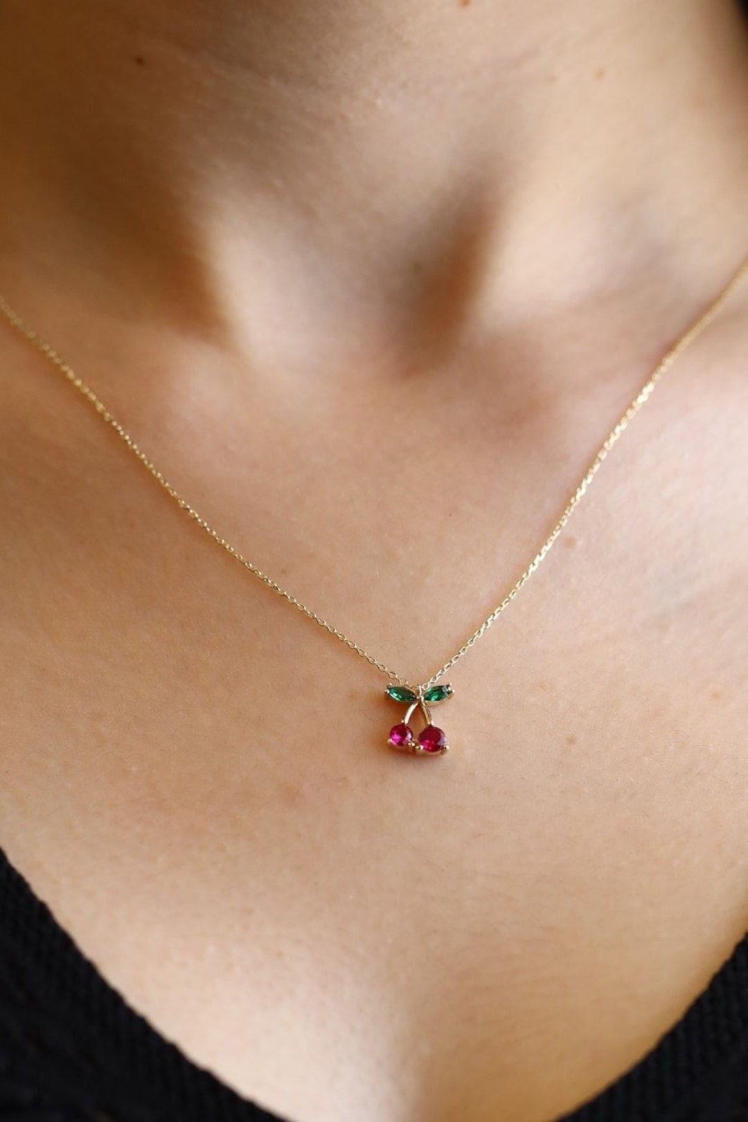 14k Gold Cherry Necklace, Real Emerald-ruby,14k Solid Gold Cherry,tiny ...