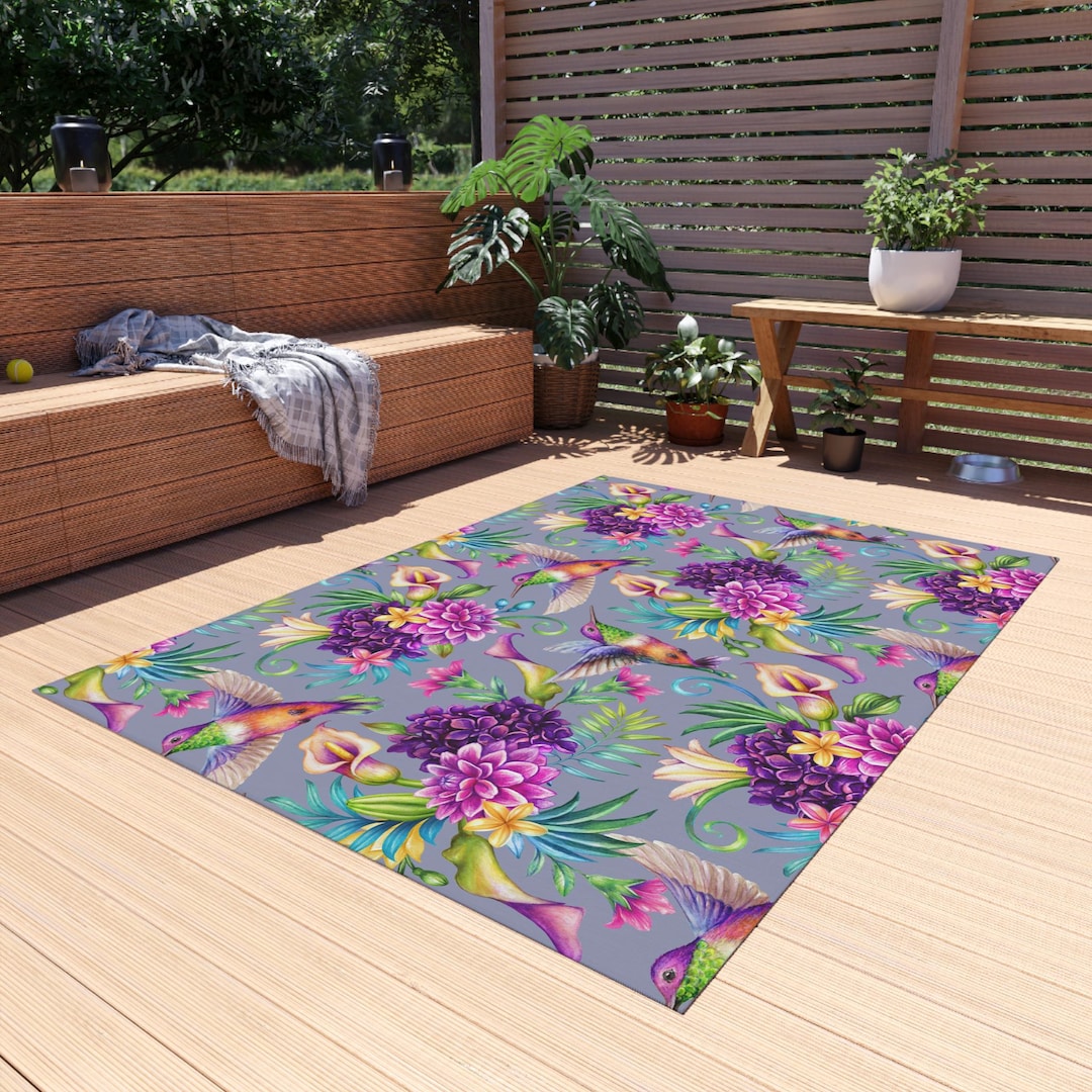 Purple Tropical Botanical Outdoor Rugs With Flowers and Birds Print for ...