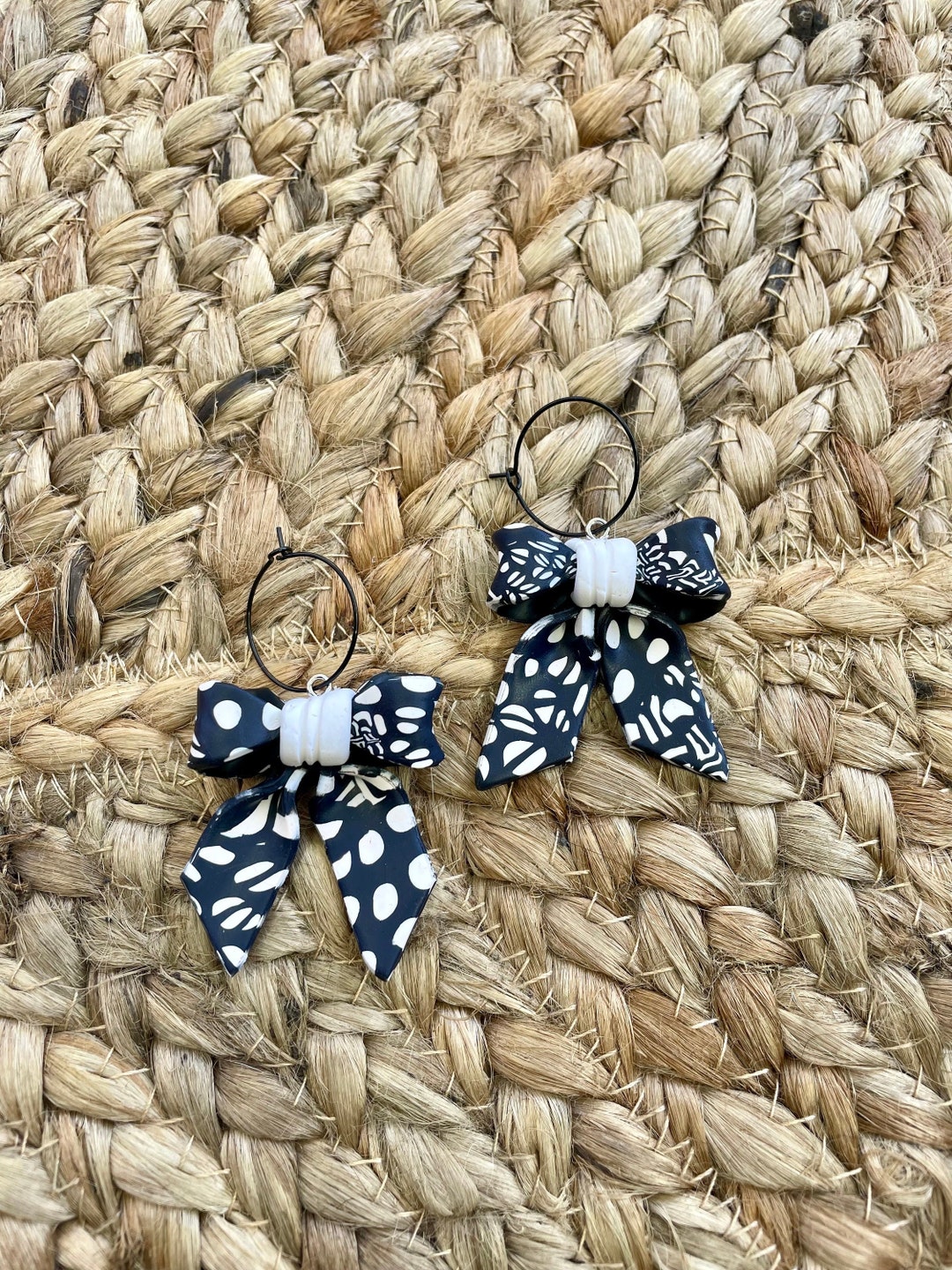 Bow Ribbon Hoop Earrings - Black & White A - Etsy