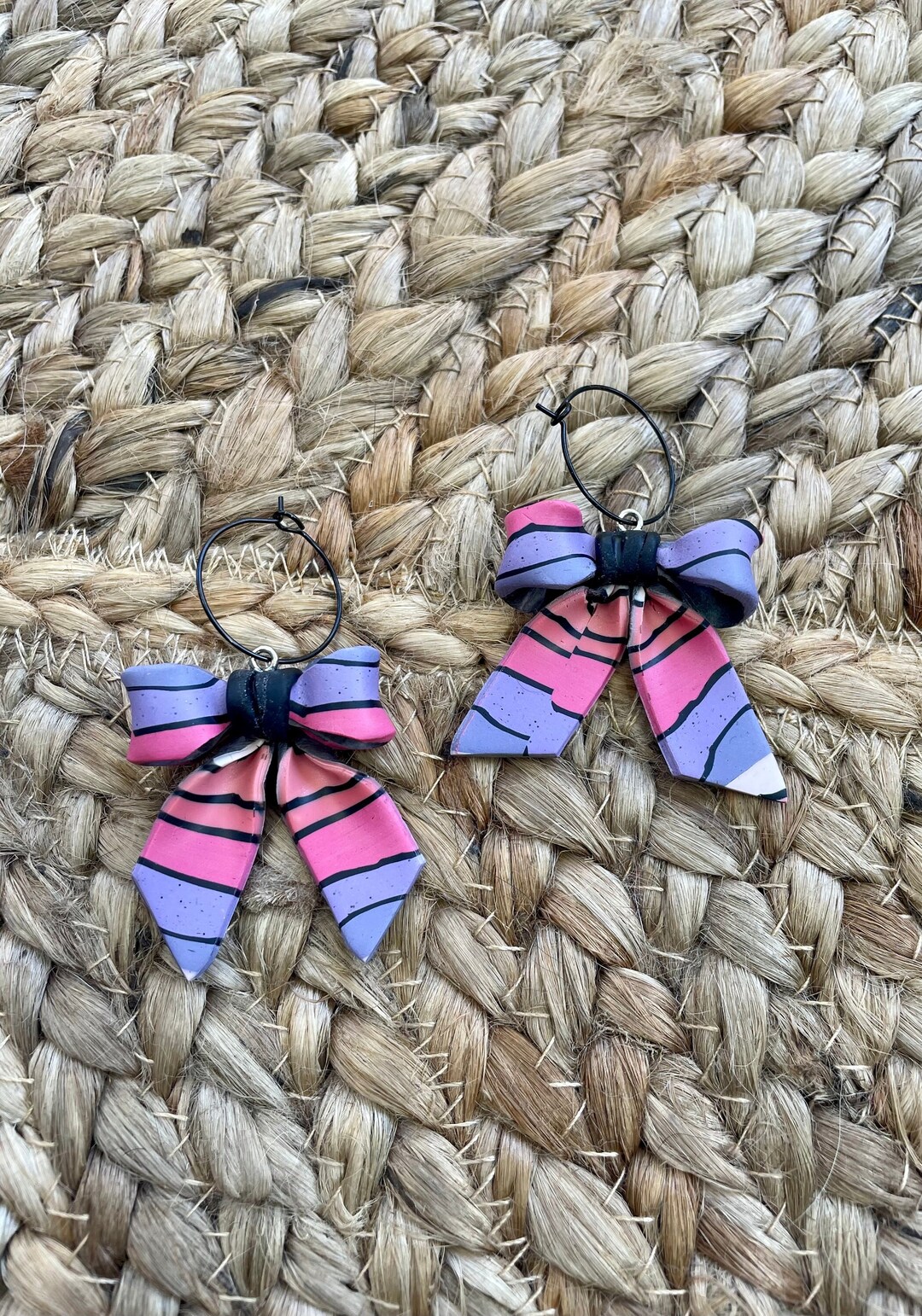 Bow Ribbon Hoop Earrings - Purple/pink/black Stripe - Etsy