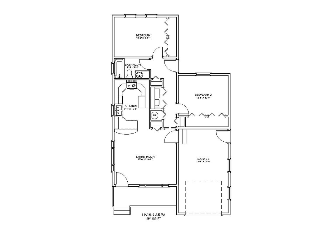 2 Bed 1 Bath 900 SF 29x50 House Plans, 1 Car Garage, Compact Narrow ...