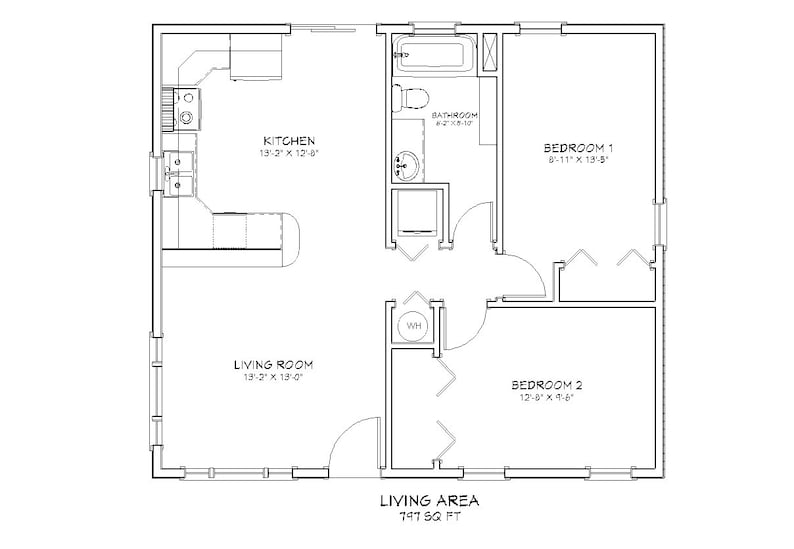 2 Bedroom 1 Bath Cottage Architectural Plans, 797 SF 30'x27', Tiny ...