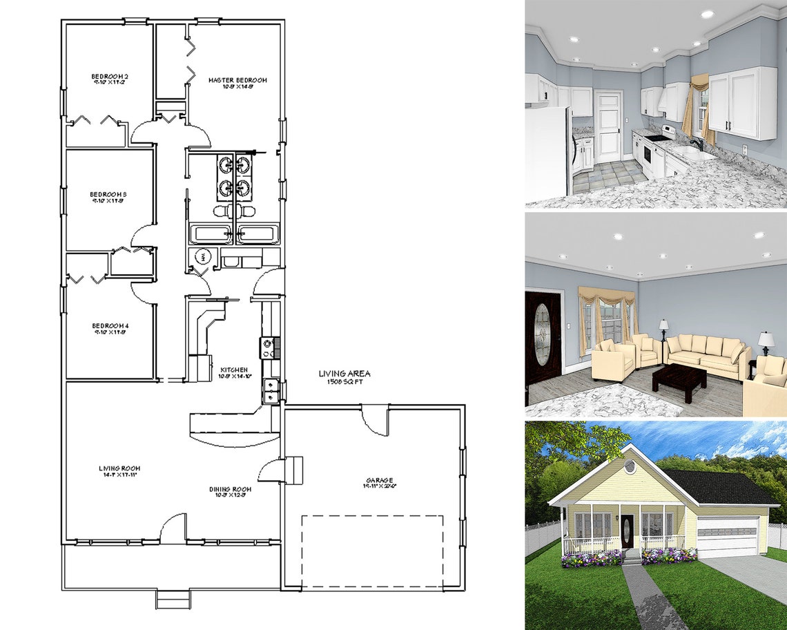 1500 Square Foot Four Bedroom Two Bathroom Floor Plan, One Story House ...