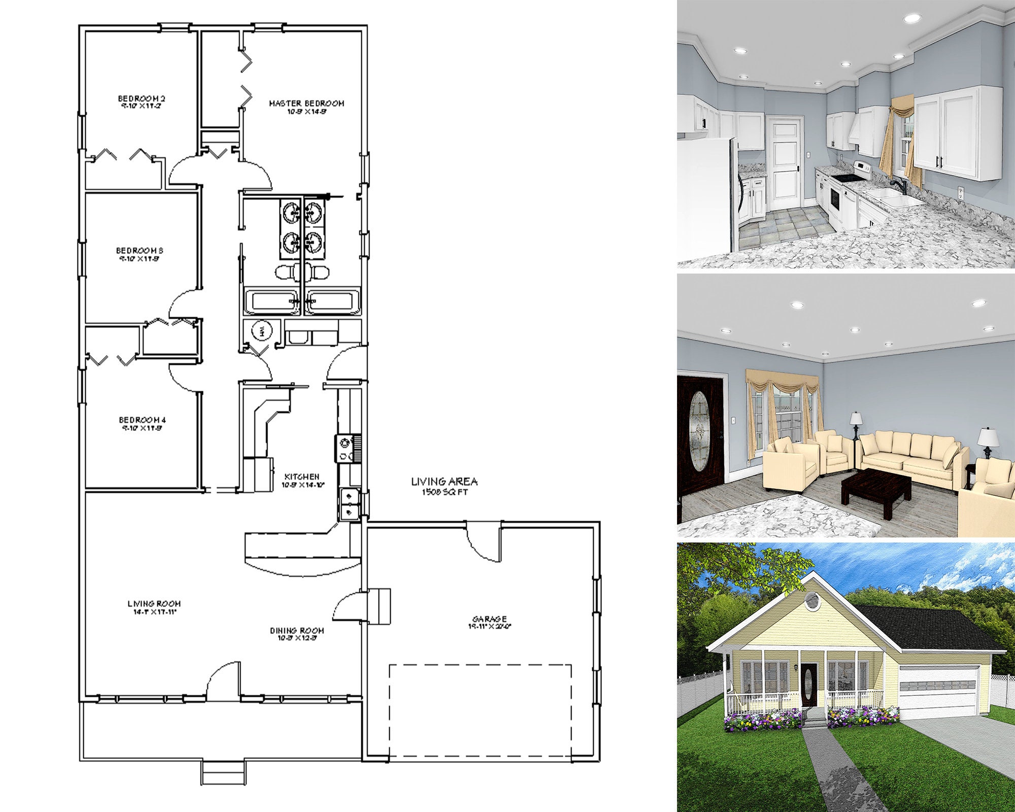 1500 Square Foot Four Bedroom Two Bathroom Floor Plan, One Story House ...