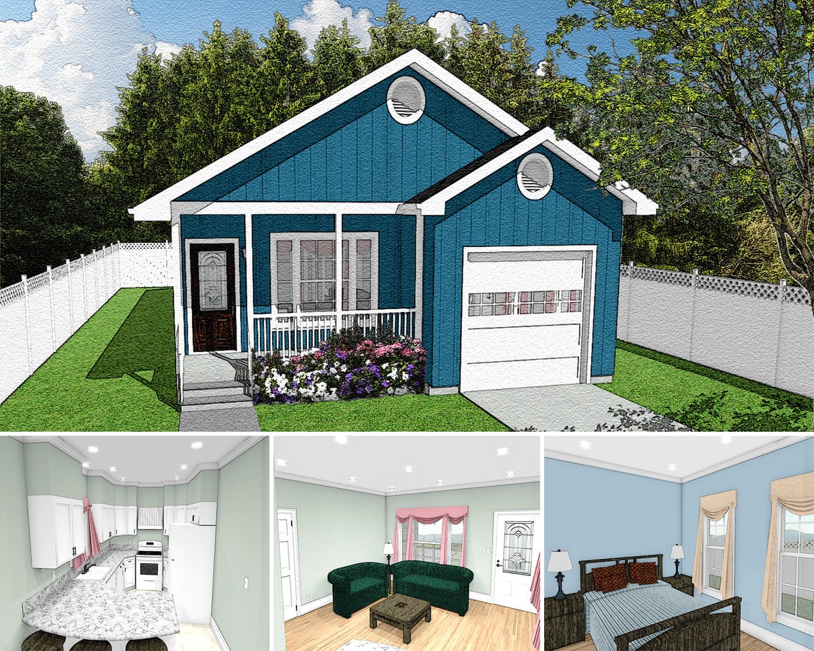 2 Bed 1 Bath 900 SF 29x50 House Plans, 1 Car Garage, Compact Narrow Cottage Floor Plan, Guest ...