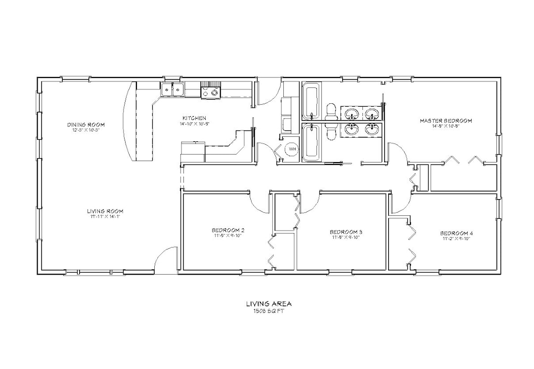 4 Bedroom 2 Bath Ranch Style Architectural Plans, 1508 SF, 60'x25', One ...