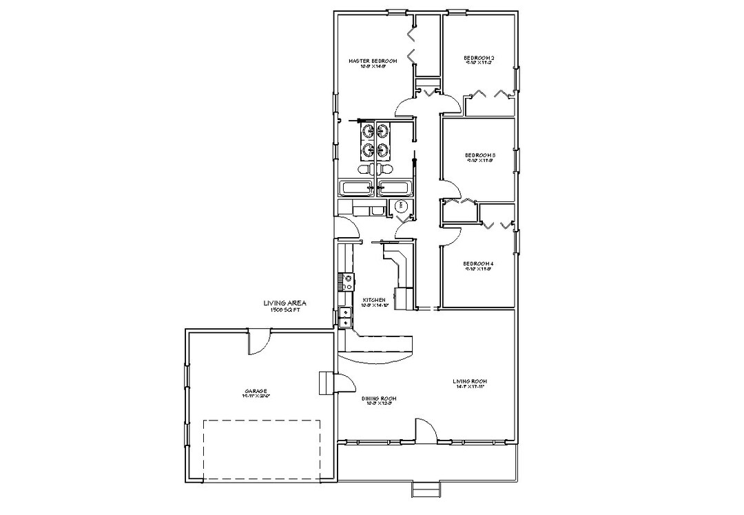 4 Bedroom 2 Bath Narrow Lot Architectural Plans, 1508 SF, 46'x65', One ...