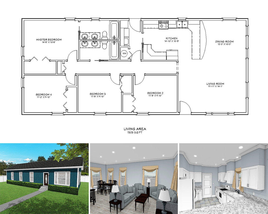 1500 Square Foot Four Bedroom Two Bathroom Floor Plan, One Story Ranch ...