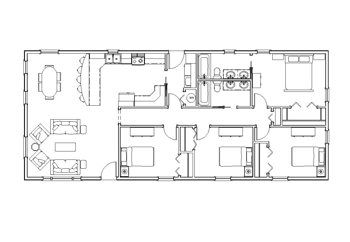 4 Bedroom 2 Bath Ranch Style Architectural Plans, 1508 SF, 60'x25', One ...