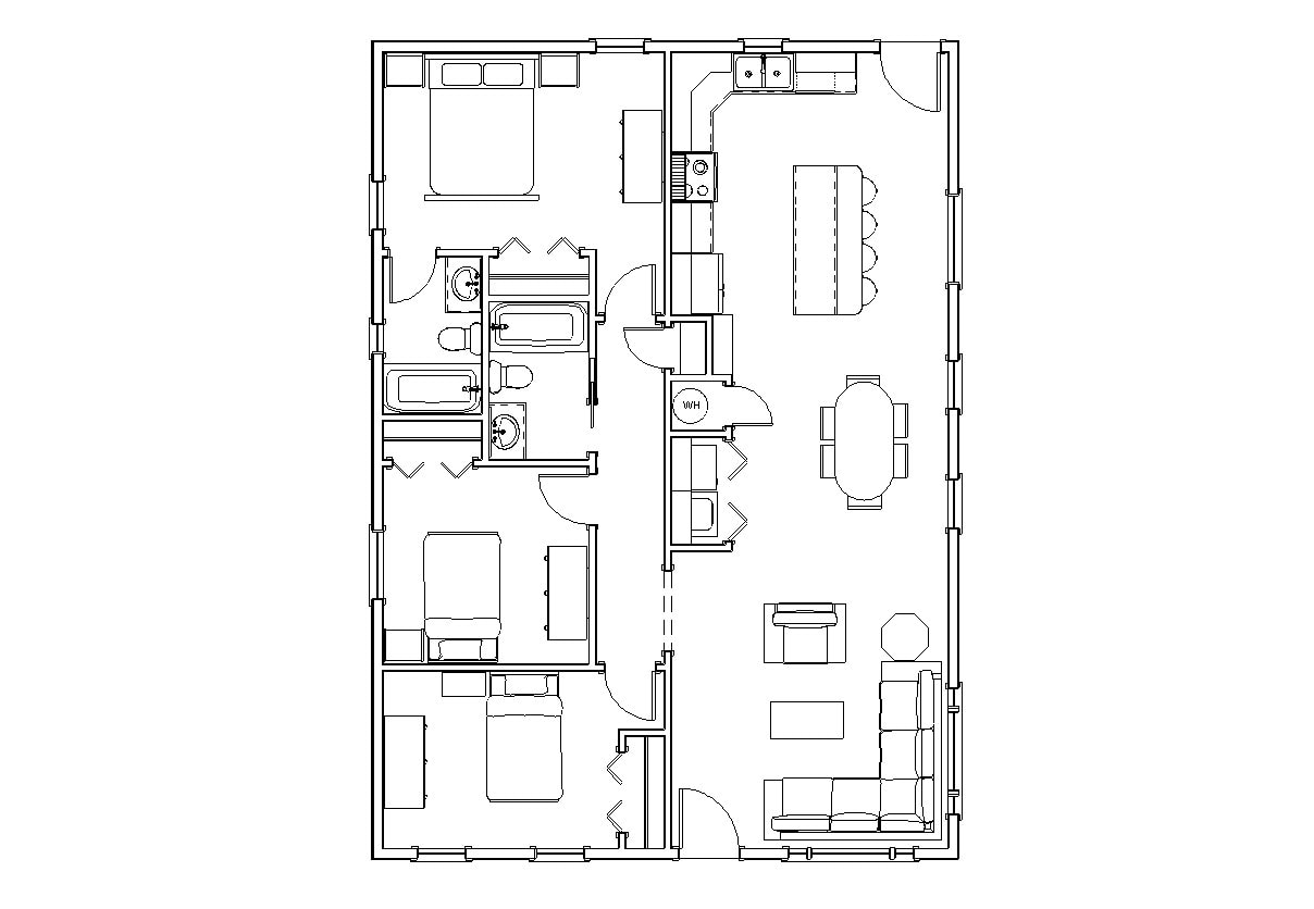1200 Square Foot Three Bedroom Two Bathroom Floor Plan, One Story ...
