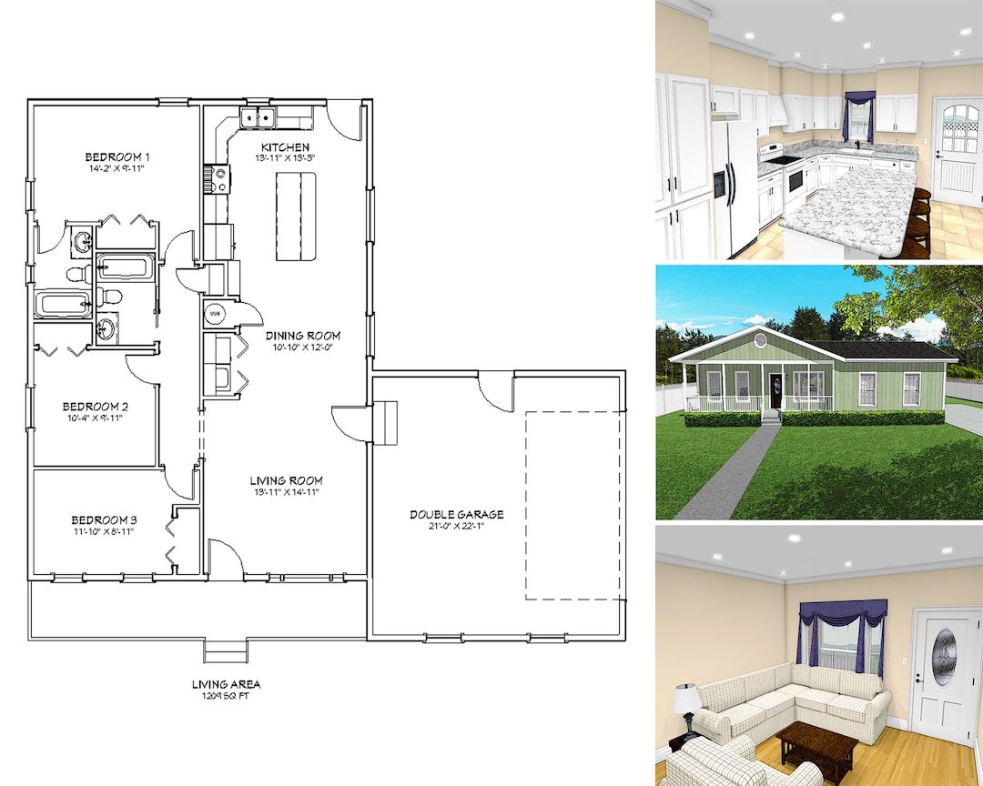 1200 Square Foot Three Bedroom Two Bathroom Floor Plan, One Story Ranch ...