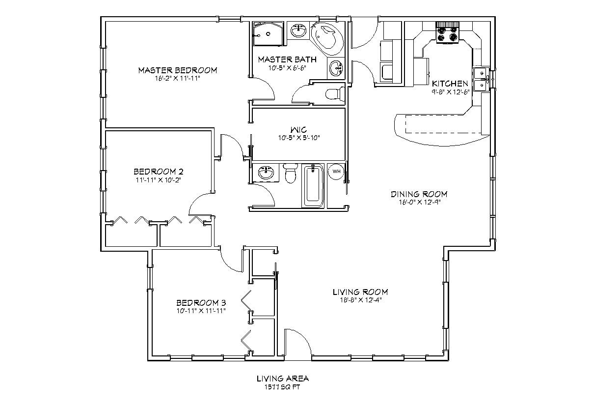 3 Bedroom 2 Bath Traditional Style Architectural Plans, 1577 SF, 44'x39 ...
