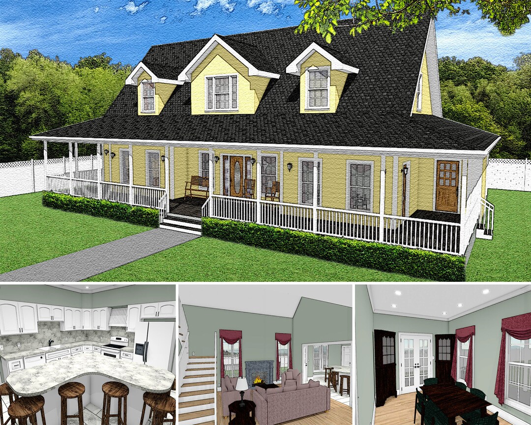 4 Bed 3.5 Bath 2500 SF 73x35 House Plans, Country Farmhouse Style Floor ...