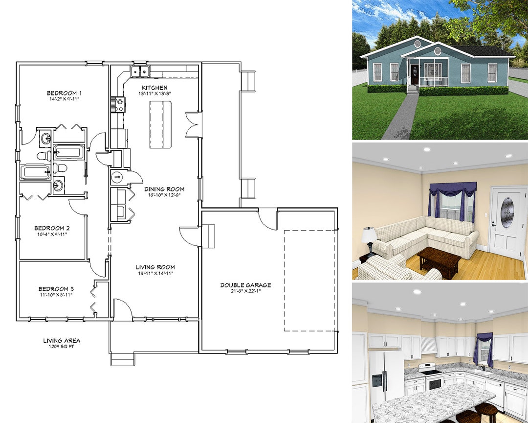 1200 Square Foot Three Bedroom Two Bathroom Floor Plan, One Story Ranch ...